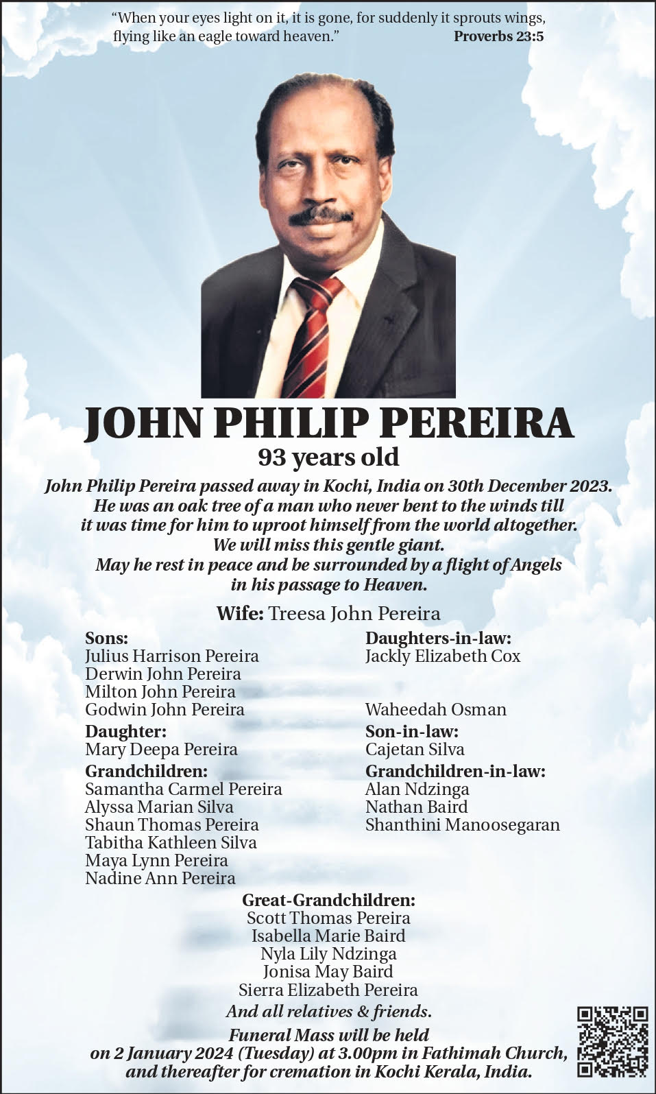 John Philip Pereira passed away in Kochi,India on 30 th December 2023 ...